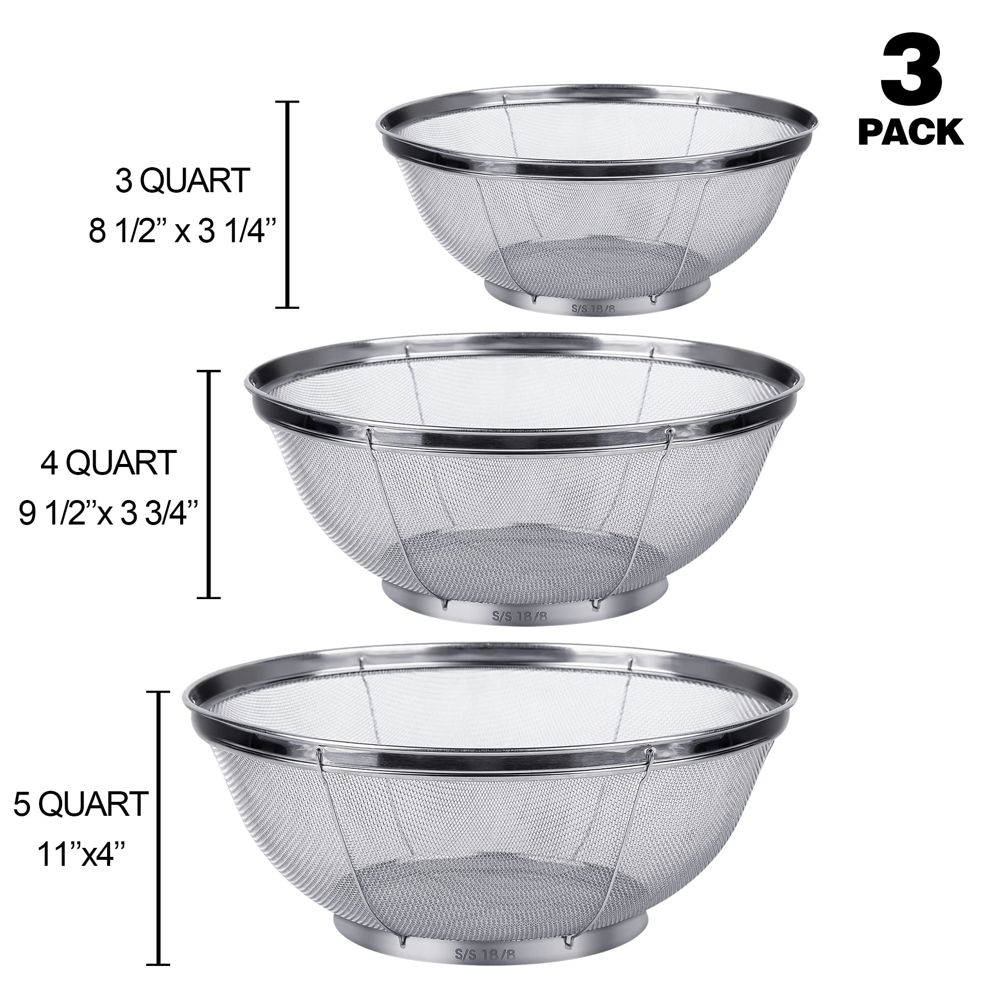 3 Pack Strainers for Kitchen, 18/8 Stainless Steel Colander, Fine Mesh Strainer for Pasta, Rice and Fruit, Sieve for Strain, Drain, Rinse or Steam (5-Quart, 4-Quart and 3-Quart)