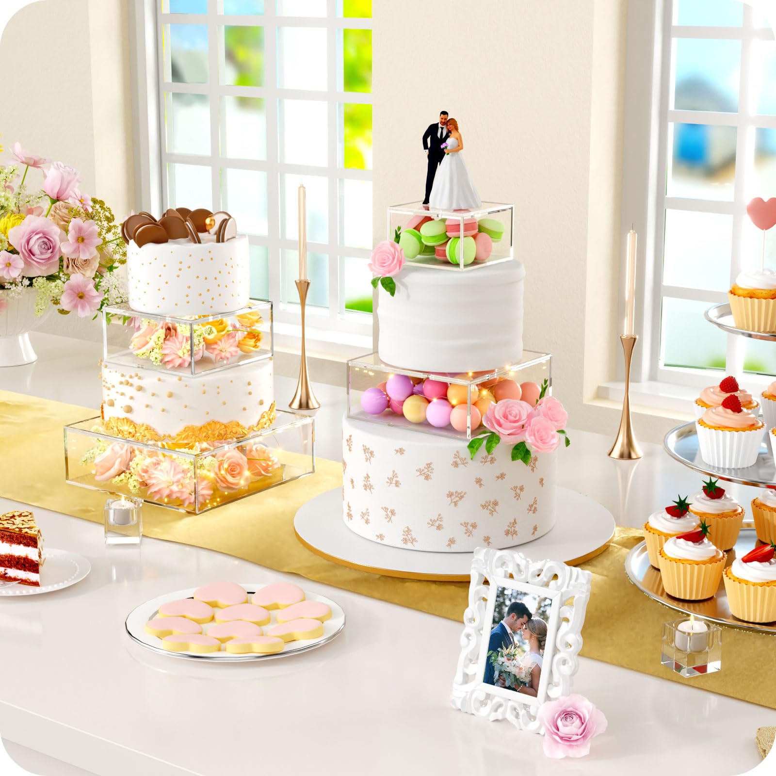 2PCS Clear Acrylic Cake Stand, Fillable Cake Box Riser Cake Tier, Square Cake Display Box with Lid, Decorative Centerpiece Box for Wedding Birthday Party (2pcs, 10" Dx4β H; 6" Dx4β H, 2M LED Lights)