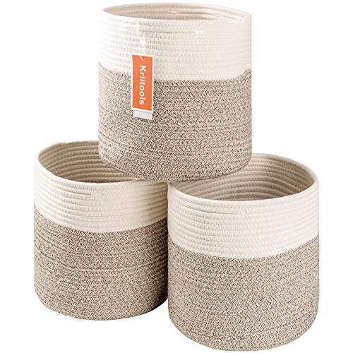 Kriitools Cotton Rope Storage Basket with Handles Set of 3,Small Laundry Basket Round Woven Storage Bins for Nursery,Kids&Pets Toys,Clothes Shelf Organizer|11x11x11”Cube Storage Bins(Brown,KT03WBR)