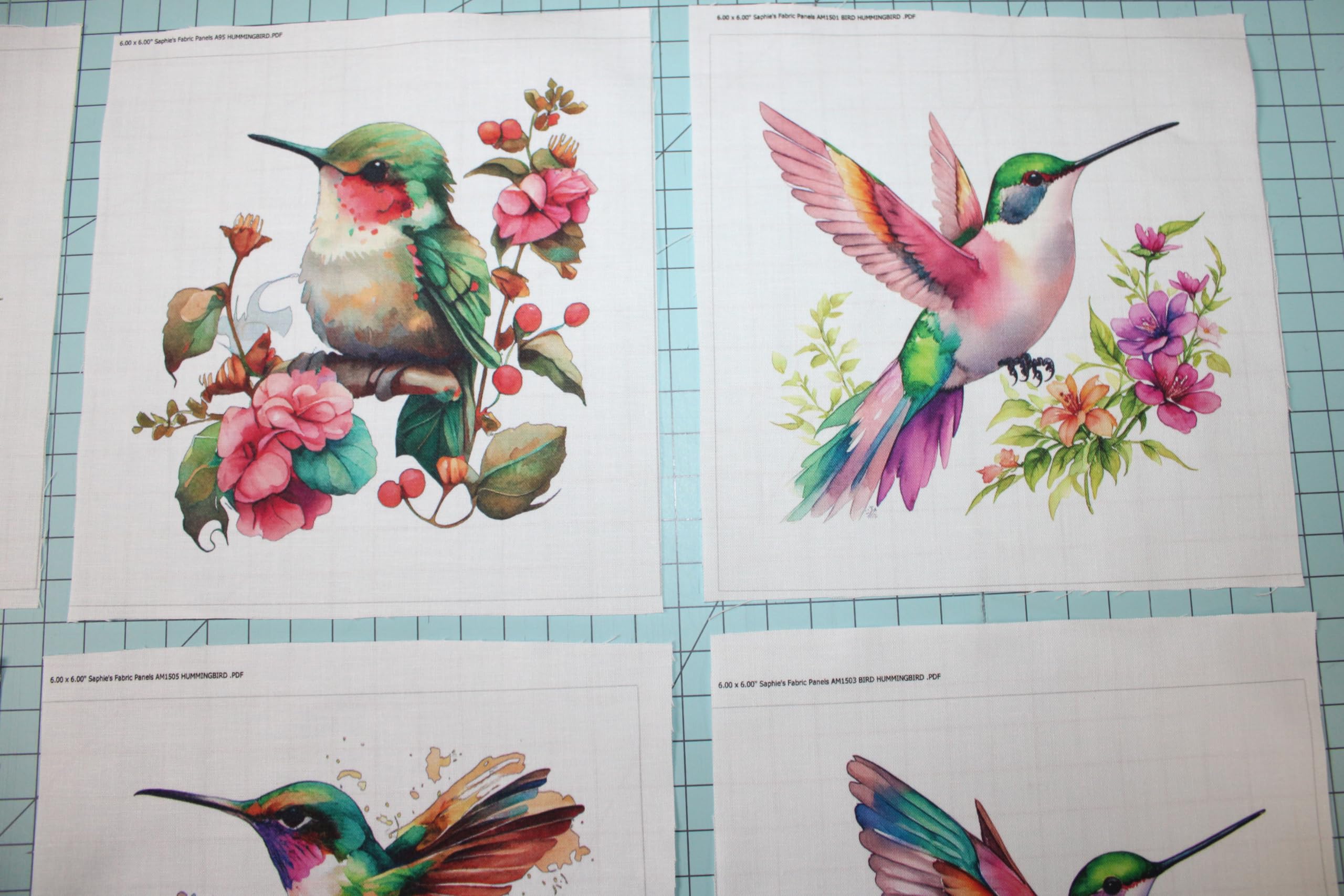 6 Piece 6"x6" Hummingbirds Fabric Panel Squares - Quilting Panel Blocks