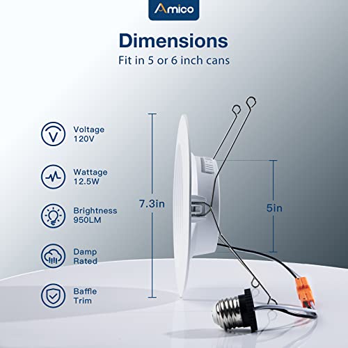 Amico 5/6 inch 5CCT LED Recessed Lighting 12 Pack, Dimmable, Damp Rated, 12.5W=100W, 950LM Can Lights with Baffle Trim, 2700K/3000K/4000K/5000K/6000K Selectable, Retrofit Installation - ETL & FCC