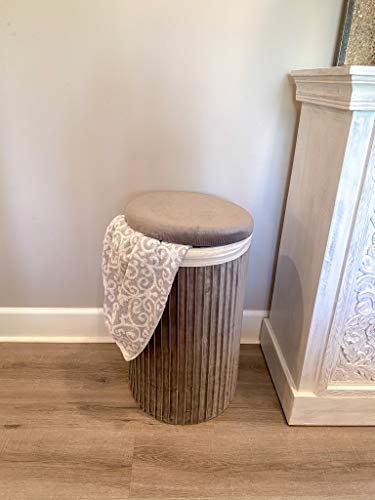 Inspire Me! Home Décor Lydia Round, Pleated Pewter Grey Soft Velvet Removable Washable Bag, 14 Dia x 24 in, Gorgeous and Classy Laundry or Storage Hamper