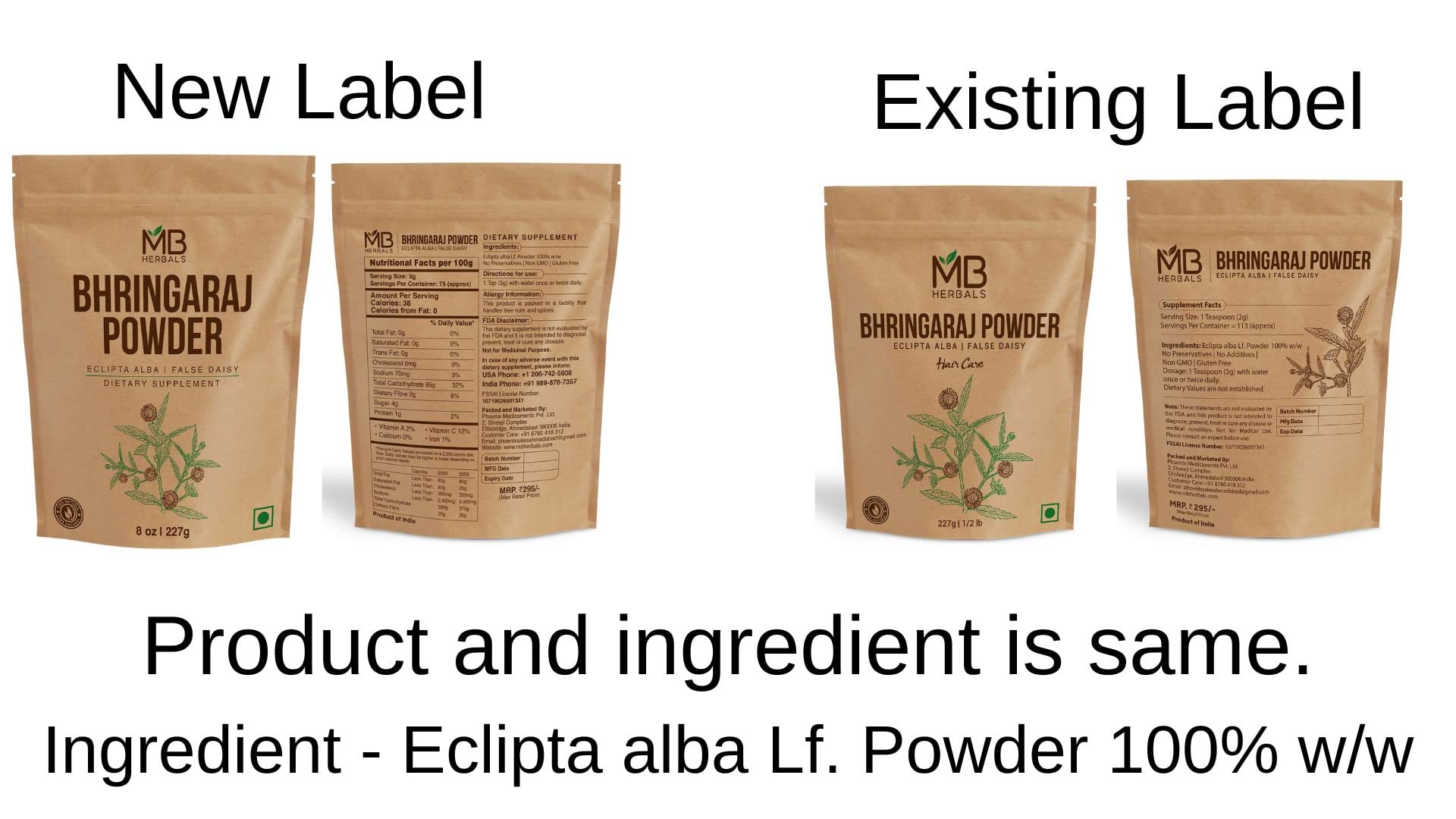 MB Herbals Bhringraj Powder, 227g | 8 oz | 0.5 LB | 100% Pure Eclipta alba | Hair Growth, Brown - Packing May Vary