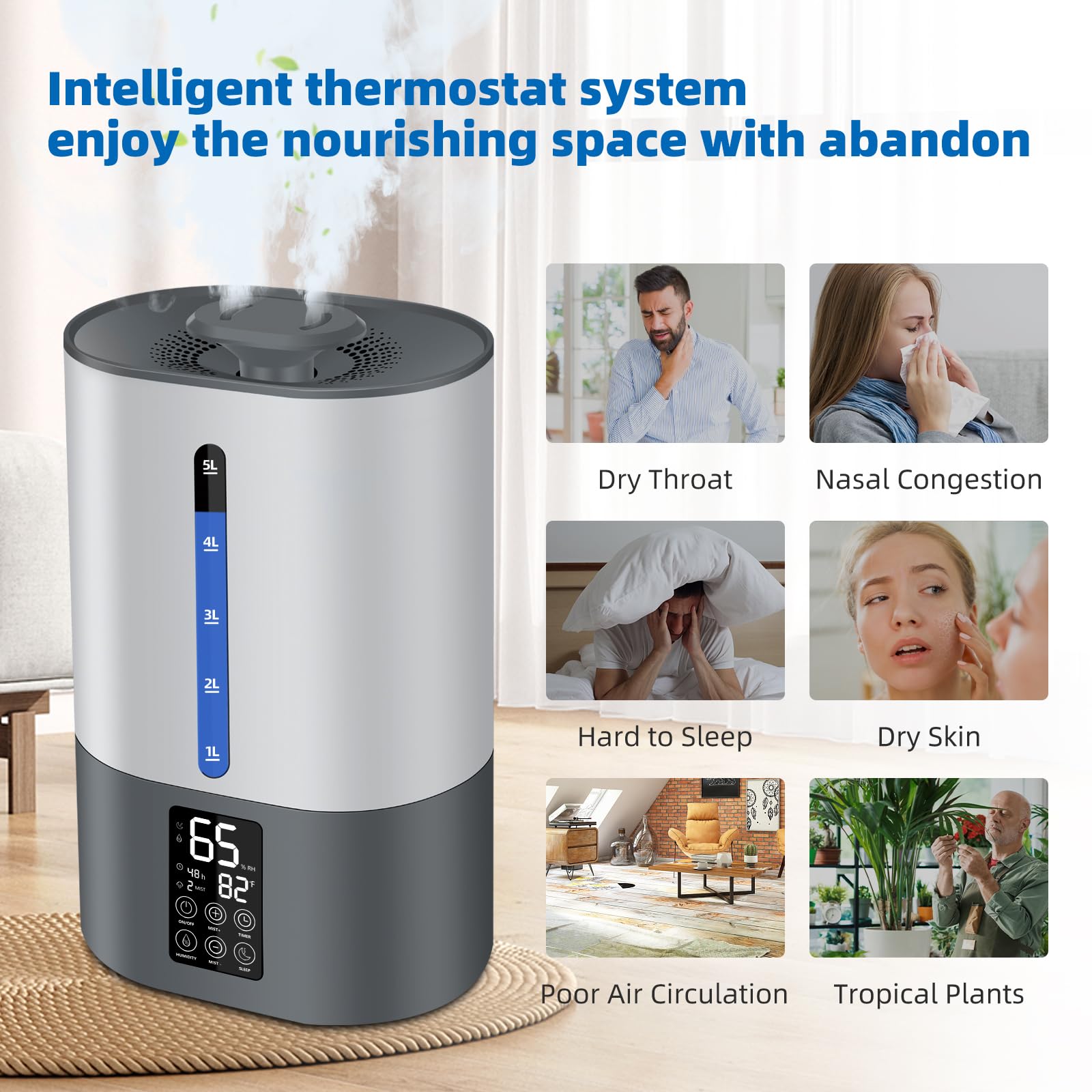 5L Humidifiers for Bedroom and Plants, Ultrasonic Cool Mist Humidifiers for Baby home Mist Top Fill Desk Humidifiers Essential Oil Diffuser, Quiet Humidifiers with Adjustable Mist,360°Nozzle-Gray