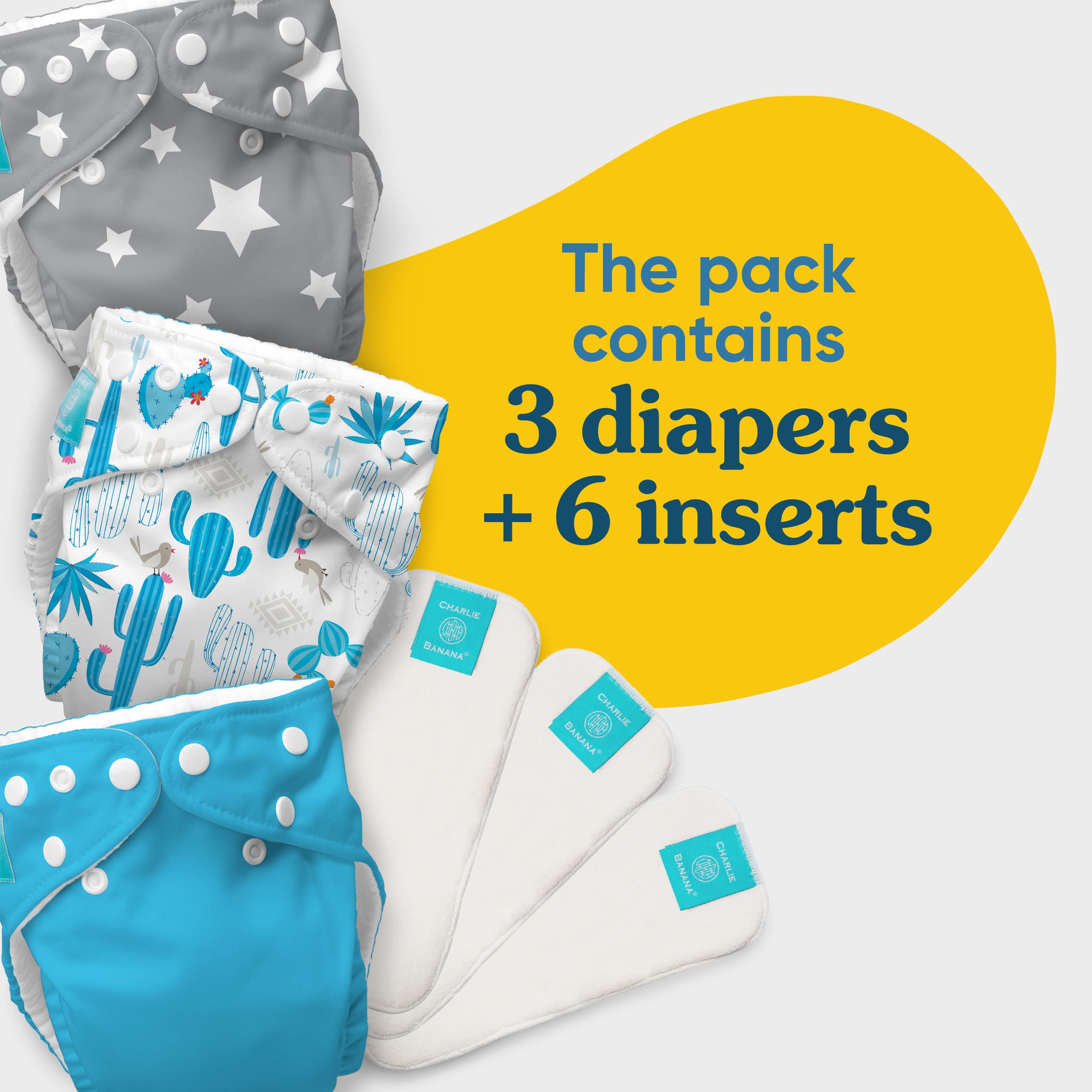 Charlie Banana Baby Washable and Reusable Cloth Diapers, 3 Soft Pocket Diapers and 6 Absorbent Inserts, One-Size, Under The Stars