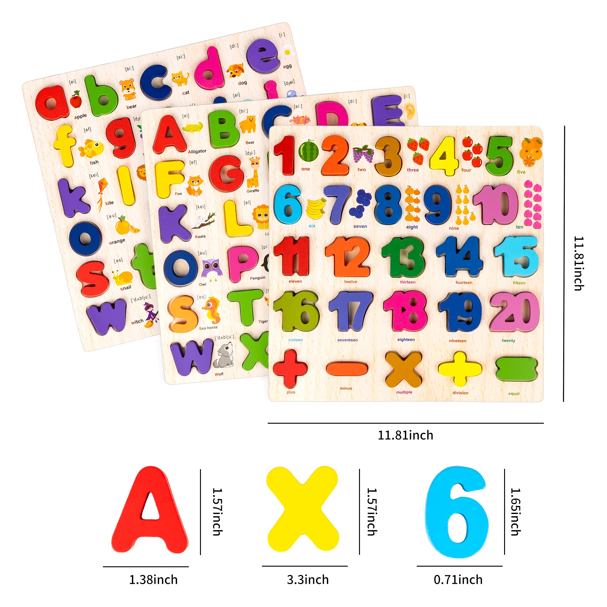 XJYQJD Wooden Alphabet Puzzle for Toddlers, 3 in 1 Lower Case Alphabet Letter Puzzles ABC Uppercase & Lowercase & Number Puzzle Set for Preschoolers Kids Ages 3-5 Alphabet Learning Educational Toy