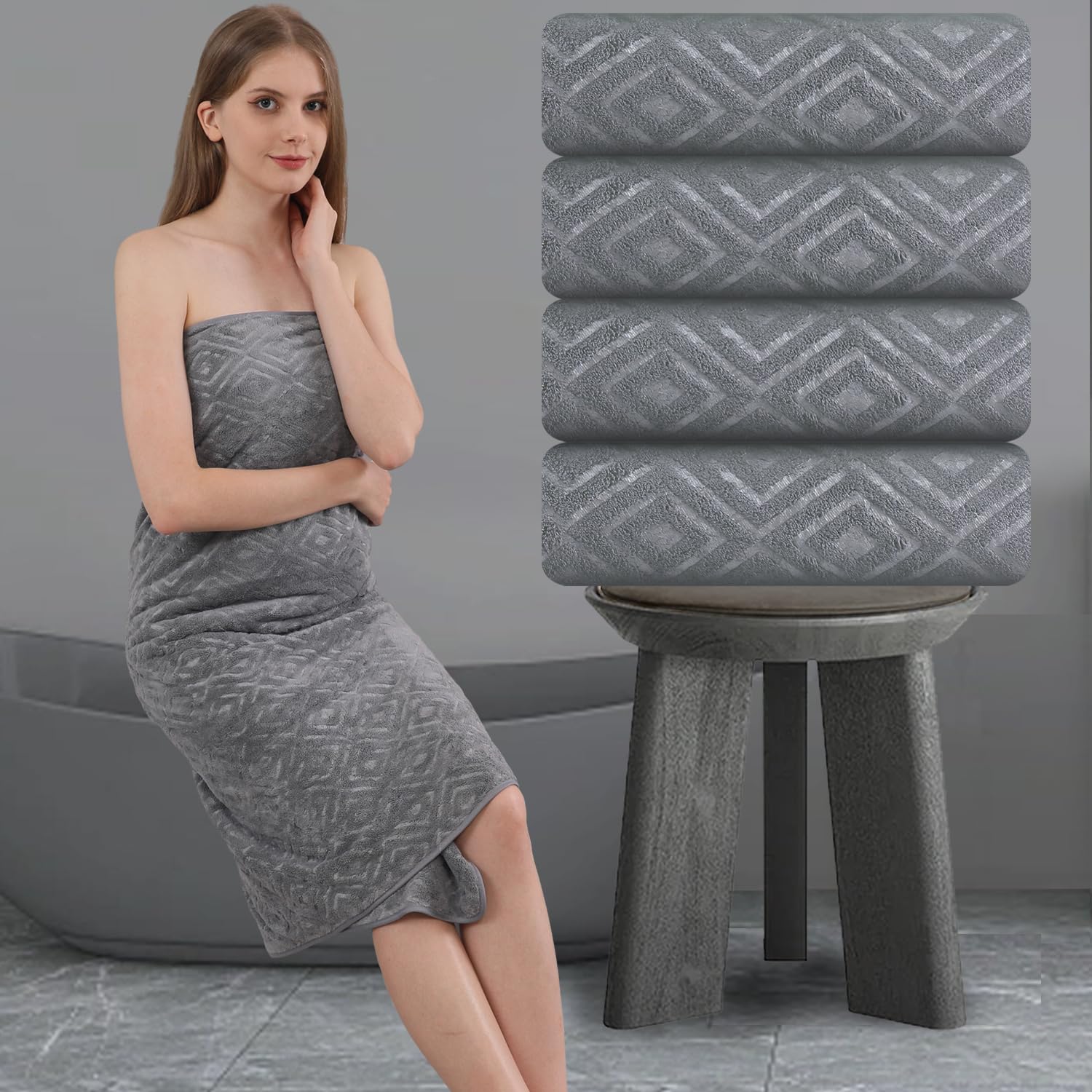 4 Piece Bath Towel Grey Oversized Bath Sheet 35"x70" Bathroom Towel Extra Large Bath Towel Set Soft Highly Absorbent & Quick Dry Premium Bath Towel for Bathroom 700GSM Shower Towel Spa Gym Hotel