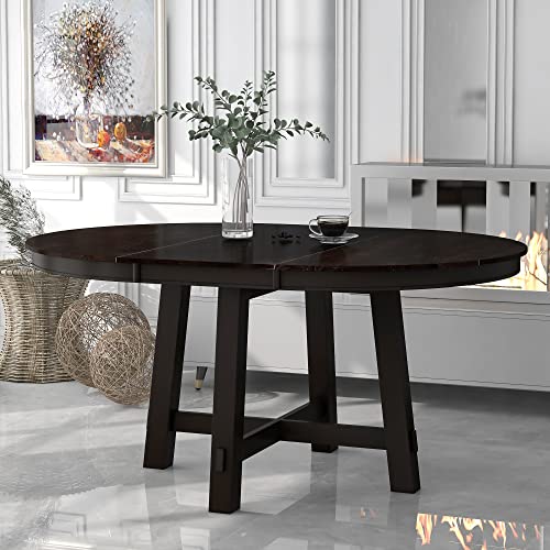 AMNOOL Farmhouse Round Extendable Dining Table with 16 Inch Leaf Wood Kitchen Dining Table Acacia Wood Finish X Base Length Adjustable for Dining Room, Kitchen (Espresso)