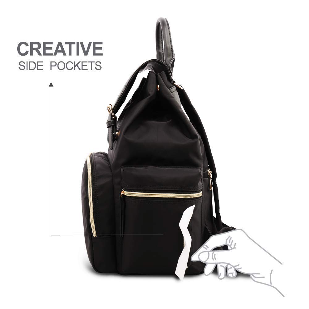 Vogshow Waterproof Diaper Bag, Multifunction Stylish Travel Backpack with 2 Stroller Hooks, Black