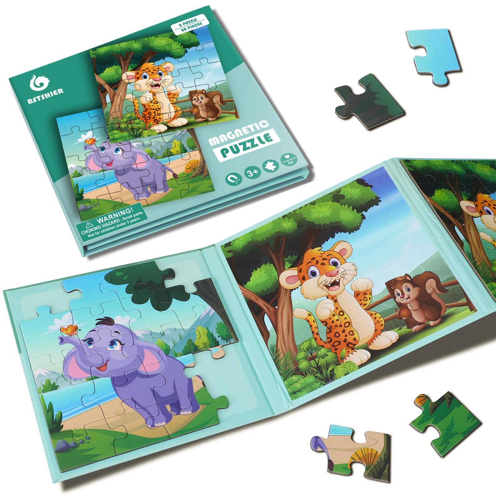 BST SHIER Magnetic Puzzles for Kids Ages 3 4 5 6, TWO-20 Piece Dinosaurs Wooden Jigsaw Puzzles Book for Toddlers, Travel Games and Travel Toys for 3 4 5 6 Year olds Boys and Girls