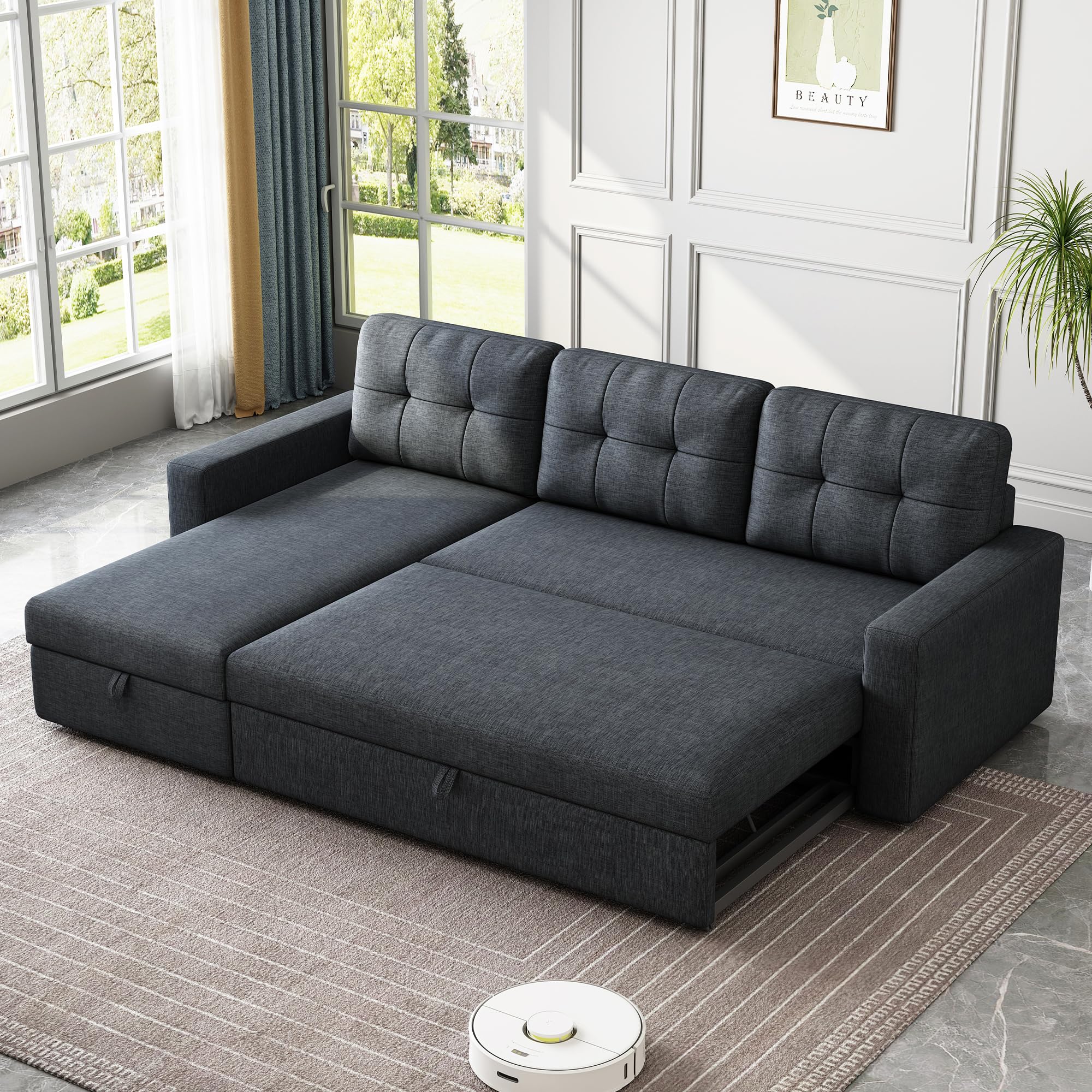 Acosure 82'' L-Shape Convertible Sleeper Sectional Sofa with Storage Chaise and Pull-Out Bed, Linen Upholstered Reversible Corner 3 Person Couch, for Living Room, Apartment