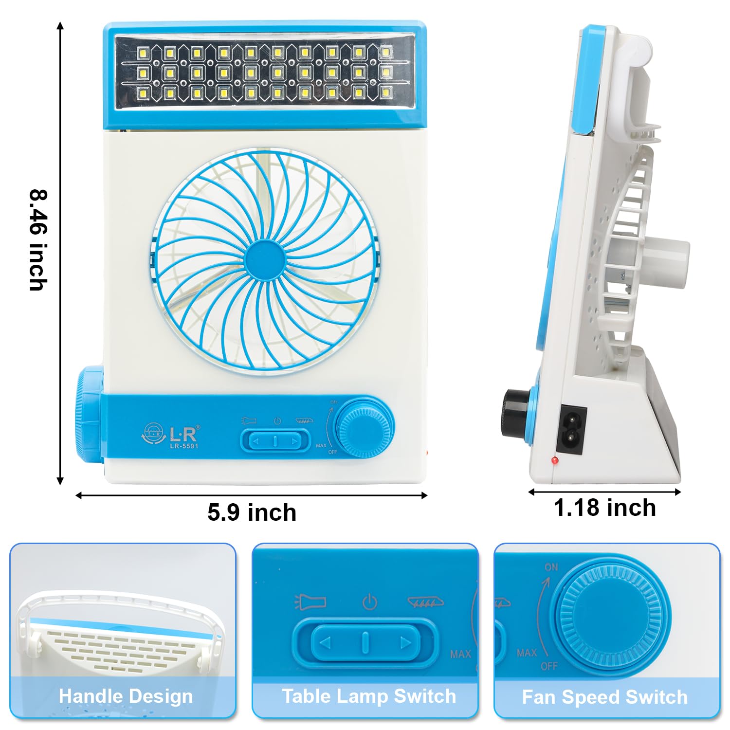 Ansee Solar Fan Camping Fan Cooling Table Fans 3 in 1 Multi-Function with Eye-Care LED Table Lamp Flashlight Torch Solar Panel Adaptor Plug for Home Use Camping (Blue)