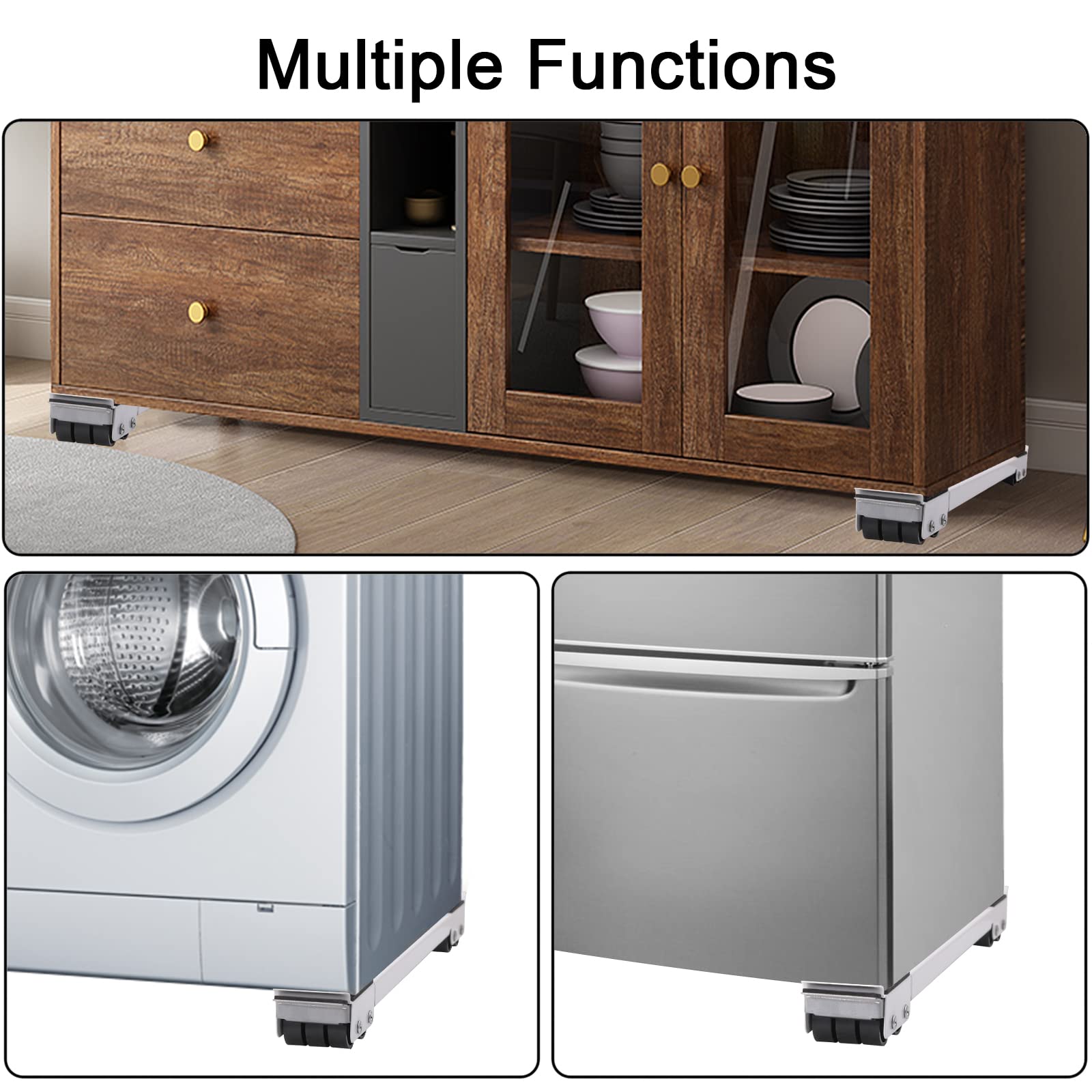 2Pcs Extendable Appliance Furniture Dolly Mobile Roller, Heavy Duty Adjustable Washing Machine Mobile Stand Base, Metal Movable Bracket for Refrigerator Washing Machine Dryers Diswashers Base, White