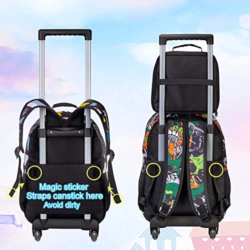 3PCS Rolling Backpack for Boys,Kids Dinosaur Bookbag with Roller Wheels, Suitcase School Bag Set for Toddler Elementary