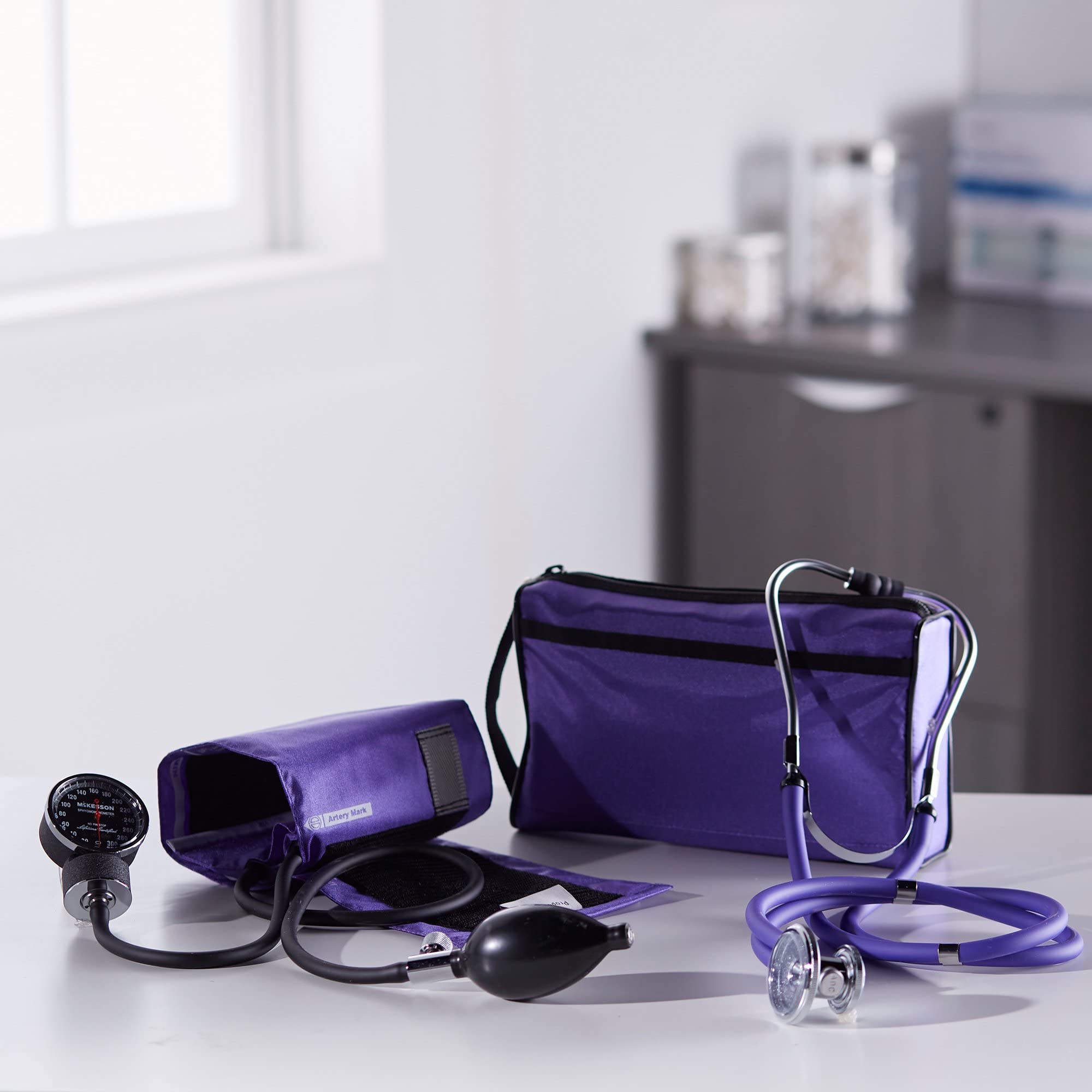 McKesson Aneroid Sphygmomanometer and Stethoscope Kit - Pocket Blood Pressure Gauge/Cuff, Sprague Rappaport Stethoscope, Purple - Size 11, 23-40 cm, 55 cm Tube, 1 Count