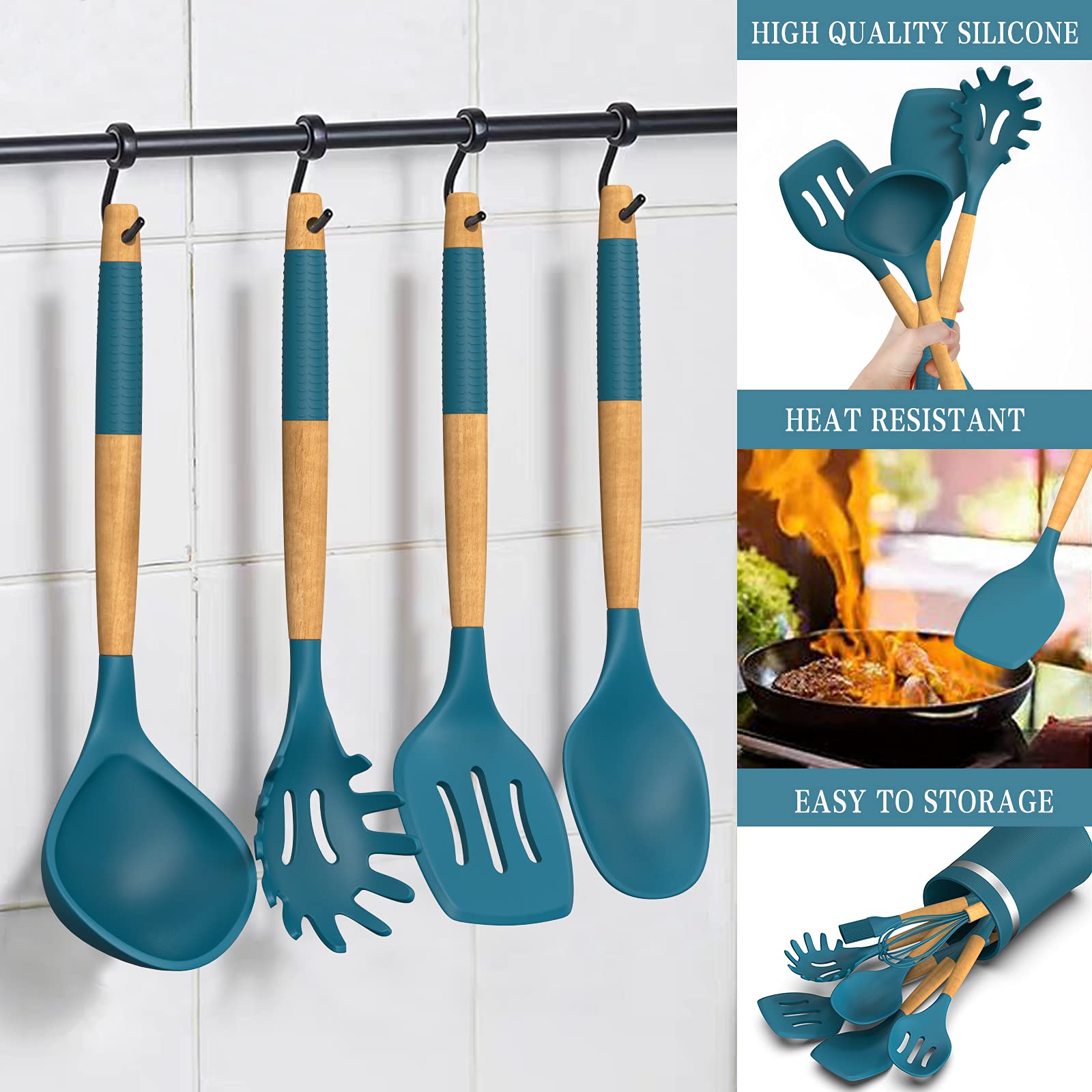 33 PCS Silicone Kitchen Utensils Set, Umite Chef Heat Resistant Cooking Utensils Set With Holder, Wooden Handle Kitchen Gadgets Tools Spatula Set for Nonstick Cookware(BPA Free & Khaki)