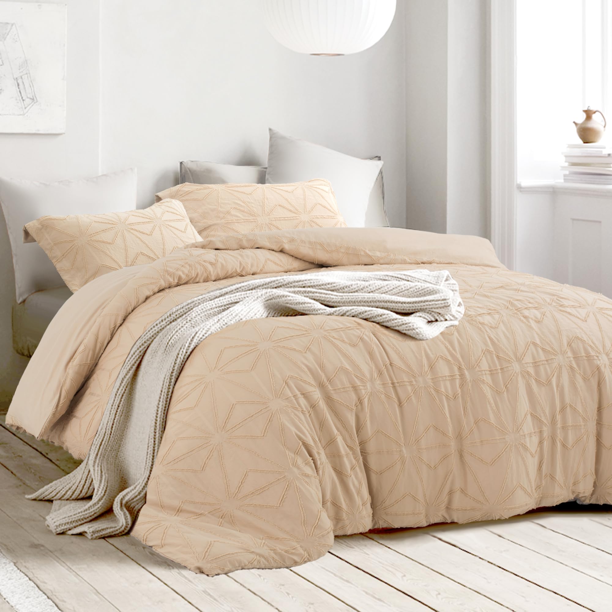 LONG CREATE Khaki Duvet Cover Twin Size - Tufted Duvet Cover Set Washed Microfiber, Boho Jacquard Pattern Comforter Cover with Zipper, Soft 2PCS Bedding Set (1 Duvet Cover 68x90, 1 Pillowcase)