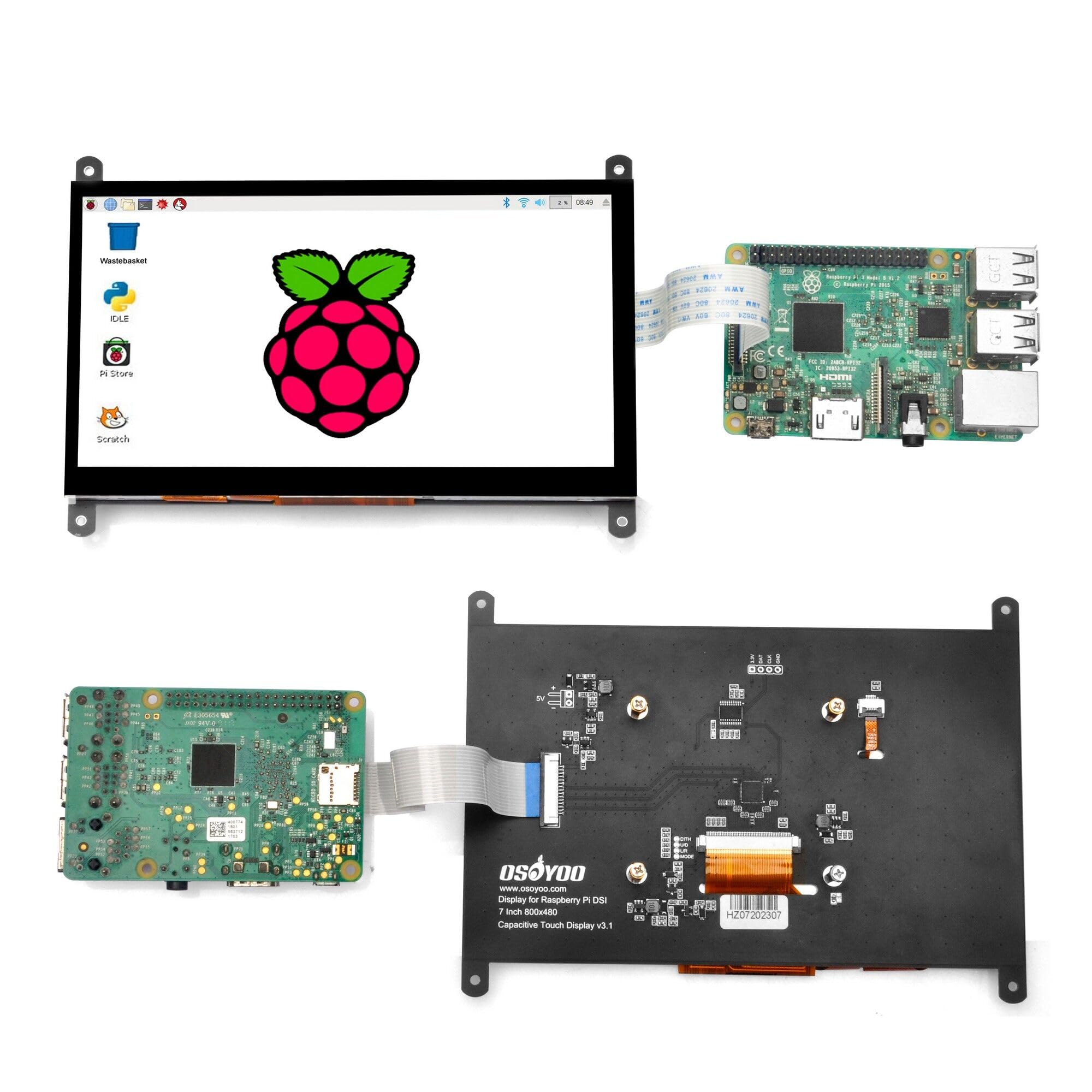 OSOYOO 7 Inch DSI Touch Screen LCD Display 800x480 for Raspberry Pi 5 4 3A 3B+ 2 - Portable Capacitive Touchscreen Monitor with DSI Cable - Great for DIY IOT Circuits and Coding Beginners