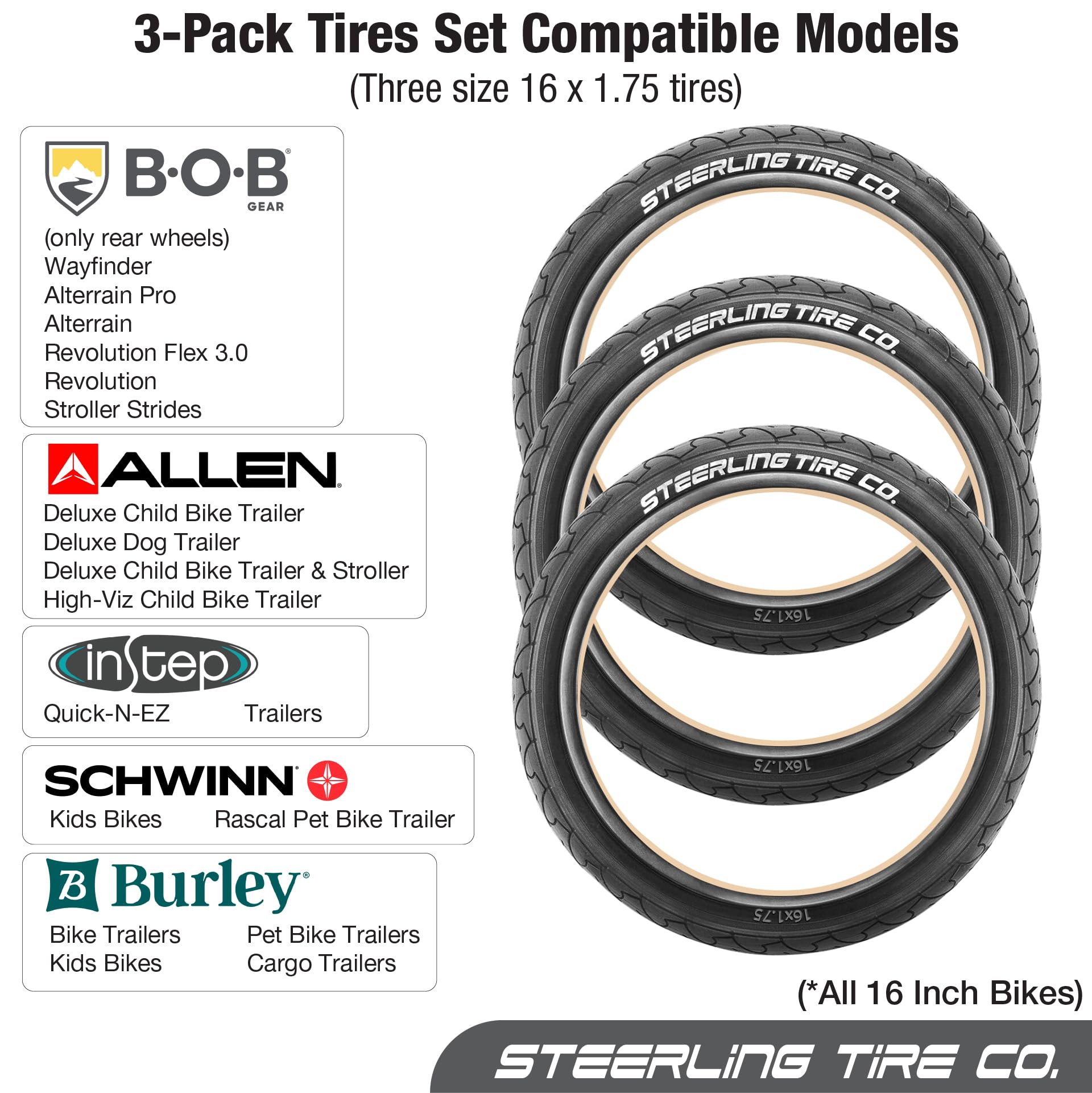 Three 16-Inch Tire Replacements for Jogging Strollers Like BOB Ironman & Bike Trailers Including Allen Sport, Burley and Instep (3-Pack) by Steerling Tire Co.