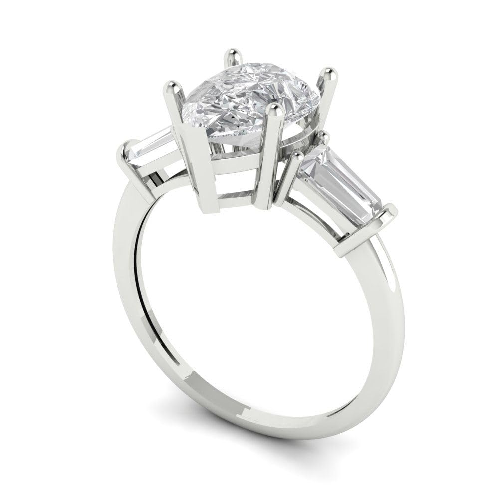 2.3 Ct Pear Cut Clear Simulated Diamond 14K White Gold Solitaire with Accents Three Stone Engagement Promise Bridal Ring Sz 7