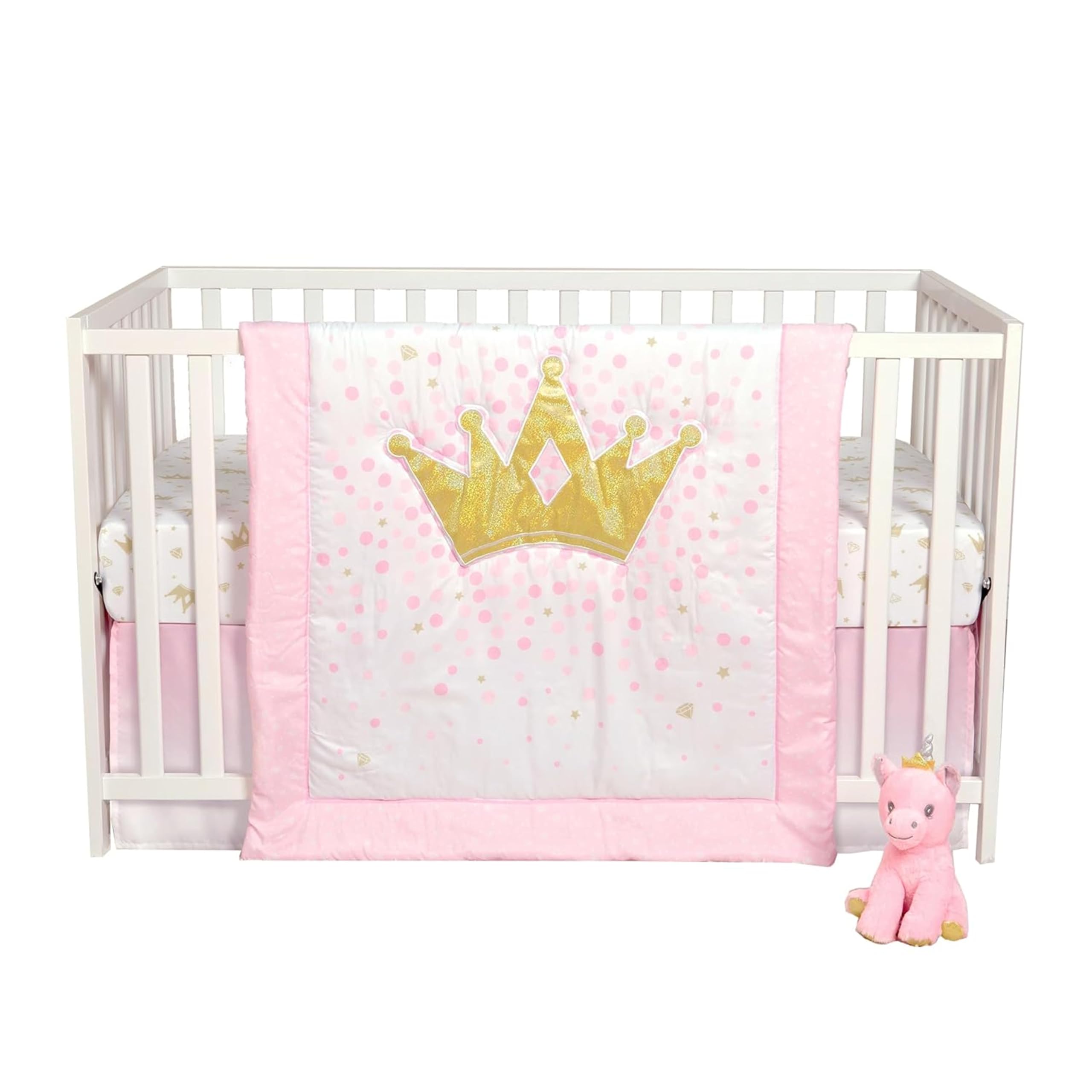 Sammy & Lou Tiara Princess 4-Piece Baby Nursery Crib Bedding Set for Girls, Includes Quilt, Fitted Crib Sheet, Crib Skirt, and Plush Toy