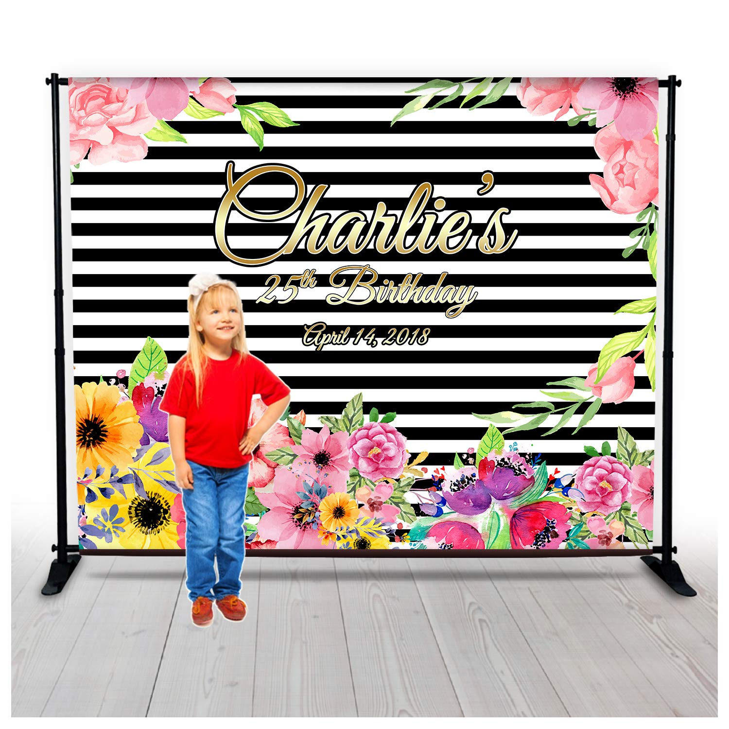 BannerBuzz Happy 25th Birthday Custom Step and Repeat Banner, Graphic with Hardware, 11 oz. PVC Flex, 38 mm Pole Diameter, 720 DPI Eco-Solvent Printing, for Events and Parties, Photography Background (8'W x 8'H)