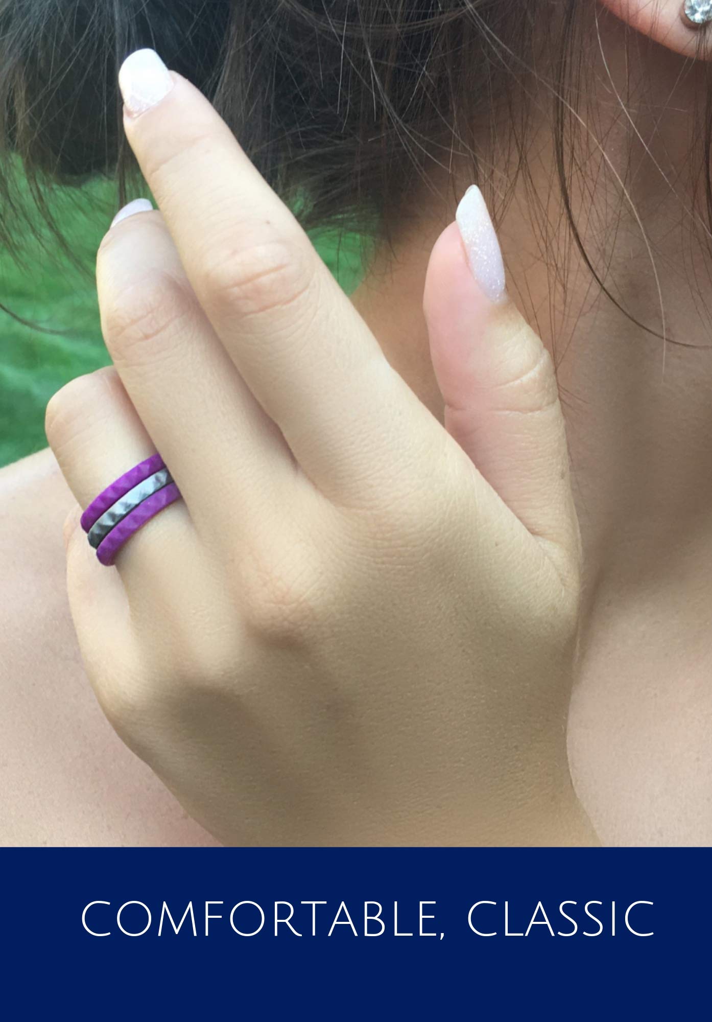 25Twelve Womens Silicone Wedding Ring - Sets of Vibrant Colors Fun to Mix and Match Rubber Wedding Bands for Women, 2 Wild Violet with 1Silver Maple, sz5