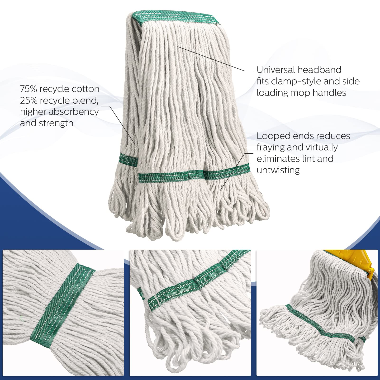 6 Pack Heavy Loop End Cotton String Mop Head Heavy Duty Mop Head Commercial Refills Mop Head Replacement for Home Industrial Commercial Cleaning (White, Green)