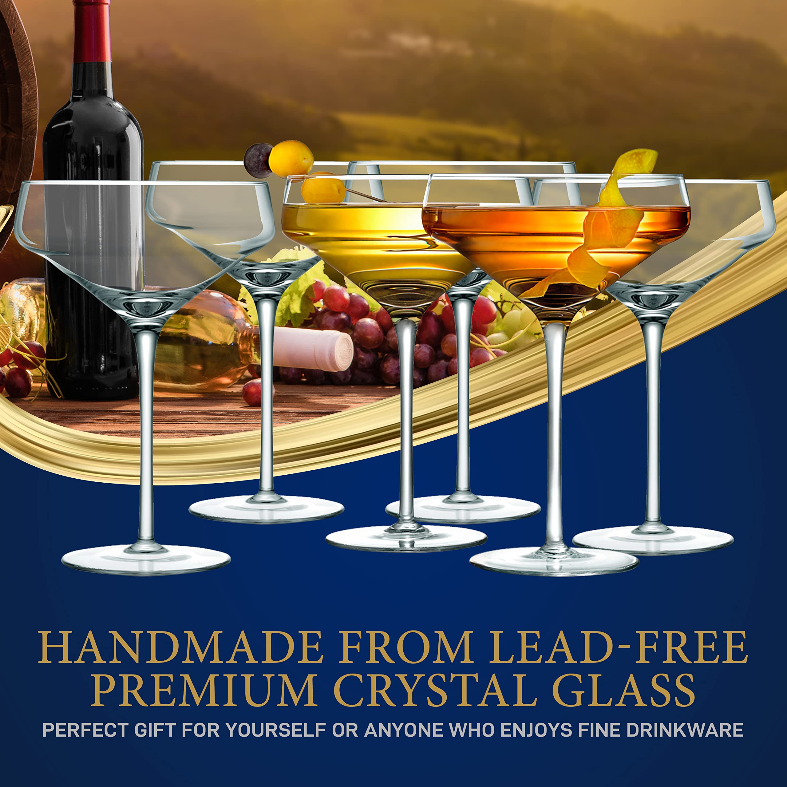 6 Sets of Crystal Martini Glass, Ultra Clear, Elegant Wine Glass, 100% Hand Blown, Dishwasher safe, Classy and Reusable Packaging
