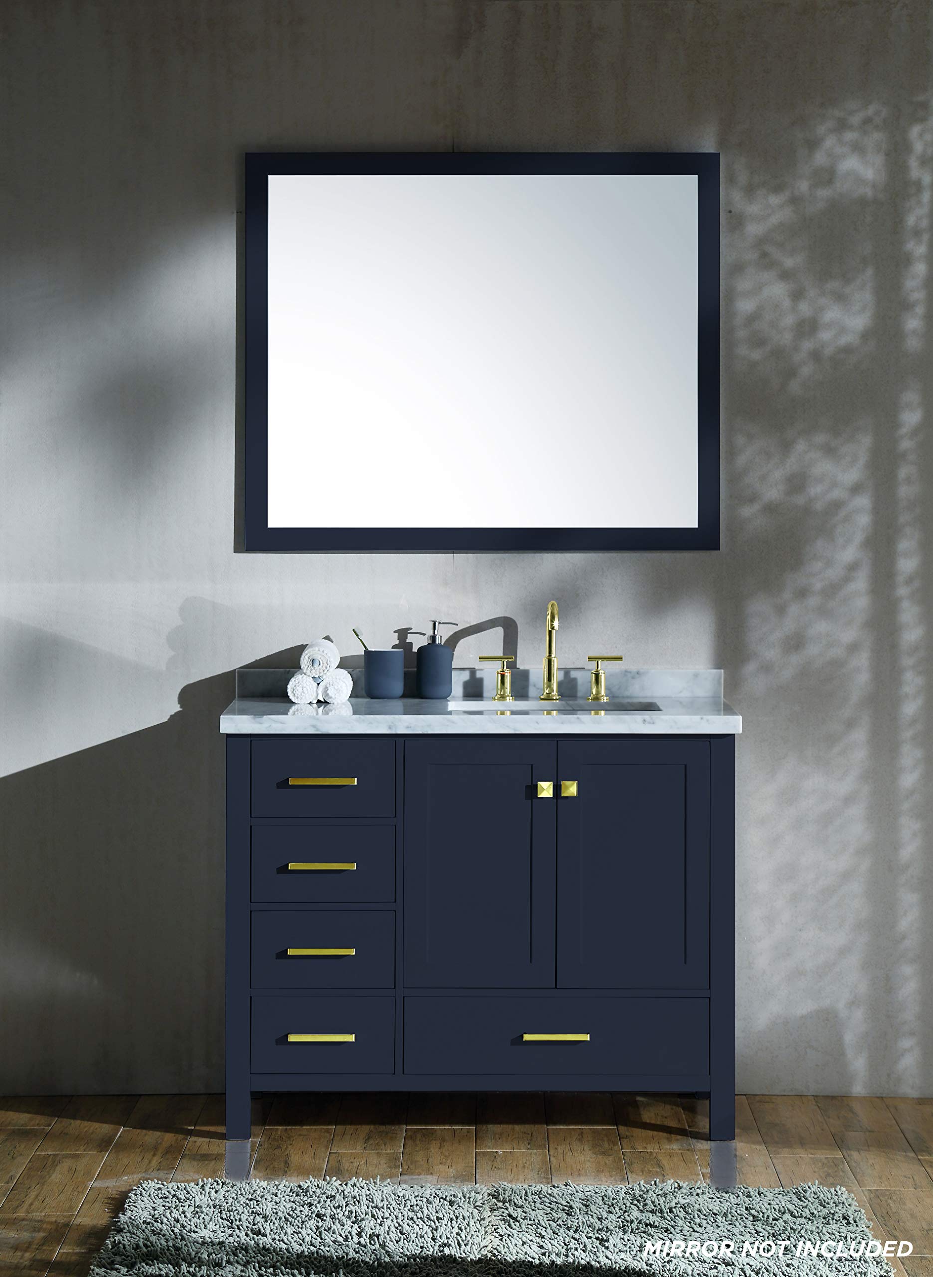 ARIEL Cambridge 43" Inch Single Right Offset Rectangular Sink Solid Wood Midnight Blue Bathroom Vanity Cabinet with 1.5" Inch Edge White Carrara Marble Countertop and Backsplash, No Mirror