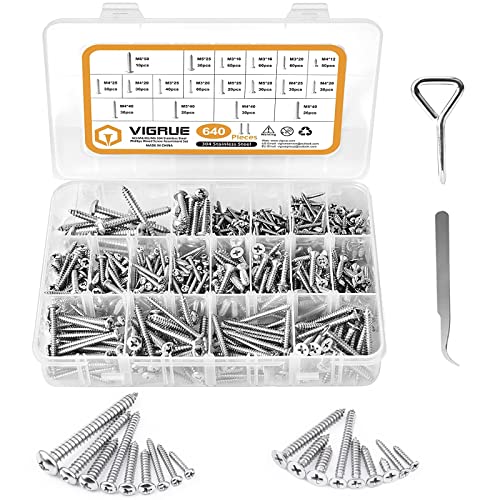 VIGRUE 640PCS M3/M4/M5/M6 Phillips Drive Wood Screw Assortment Kit, 304 Stainless Steel Self Tapping Screws Assortment Set (Round Head and Flat Head)
