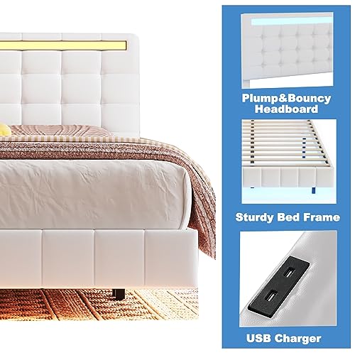 Aiuyesuo Modern Queen Size Floating Bed with Headboard and USB Ports, Solid Wood Upholstered Platform Bed Frame with Led Lights Faux Leather, Wooden Slats, No Box Spring Needed (White-TD34)