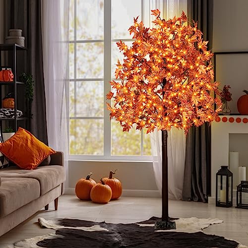7FT 170 LED Lighted Maple Tree - Thanksgiving Decor Artificial Fall Tree with 17 Branches, 17 Acorns 340 Leaves, Remote 8 Flashing Modes, Timing, DC 5V Safe for Outdoor Wedding Party Autumn DecorâŠ