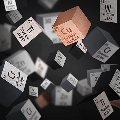 9 Pieces Element Cube Set 10mm Density Cubes Periodic Table Pure Metal Cube Zinc Copper Bismuth Chromium Aluminum Antimony Iron Carbon Titanium for Element Collections Material Hobbies
