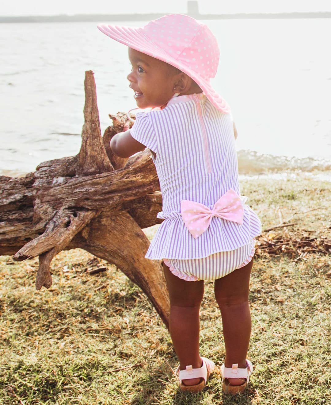 RuffleButts® Baby/Toddler Girls Pink Polka Dot and Pink Stripe Reversible Swim Hat - 0-12m