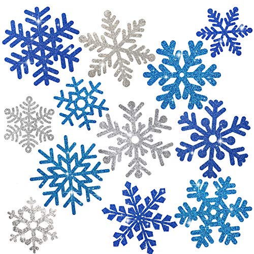 Whaline Snowflake Cut-Outs 48Pcs Glitter Blue Silver Snowflake Cutouts Double-Sided Holiday Cut-Outs with Glue Point for Winter Christmas Wonderland Frozen Party Home Decoration, Assorted Size