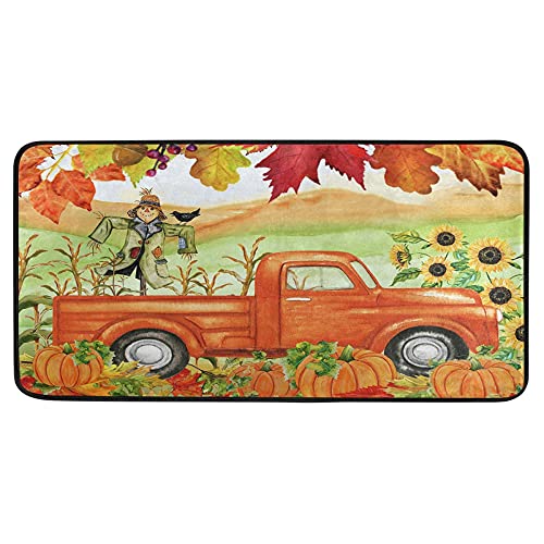 Autumn Truck Pumpkin Kitchen Rugs Thanksgiving Sunflower Maples Floor Comfort Mats Bath Rugs Entryway Welcome Non Slip Area Rug for Bedroom Living Room Doormats Home Decor 39" X 20"