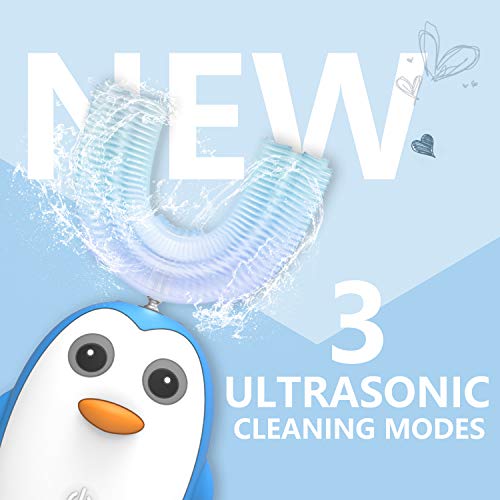SHNOKER Electric Toothbrush with U-Shaped Toothbrush, with Charging Base Ultrasonic Automatic Toothbrush,IPX7 Waterproof,Three Clearing Modes,Cartoon Modeling Design for Kids (Blue 3-6 Year)