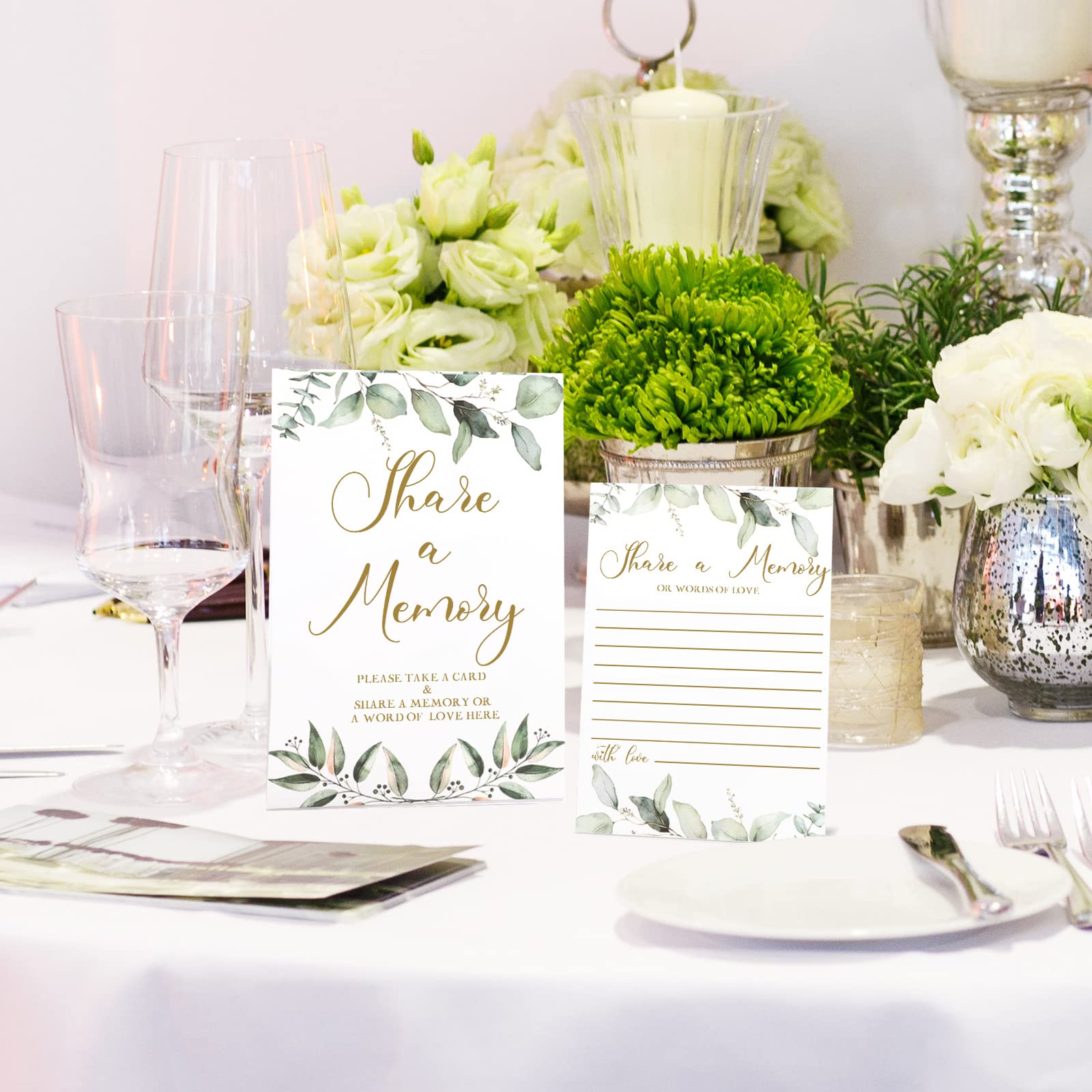 50 Pcs Share a Memory Cards and Greenery Place Cards Seating Place Cards Greenery Eucalyptus for Graduation, Wedding, Bridal Shower, Birthday Party, Celebration Anniversary, Funeral (Gold Font)