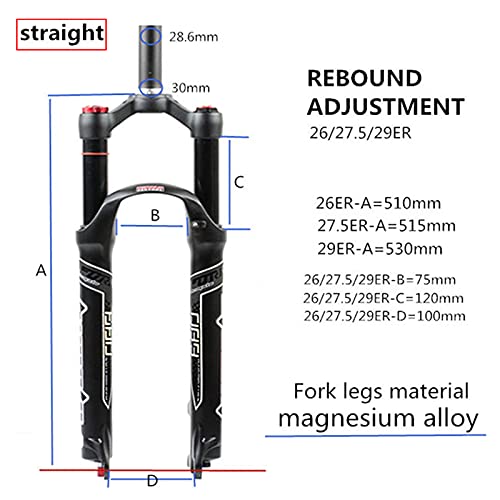 26/27.5/29 Inch MTB Fork Damping Adjustment 100mm Travel 1-1/8" Straight Mountain Bike Fork Rebound Adjust, 9×100mm QR,Remote Lockout,27.5"