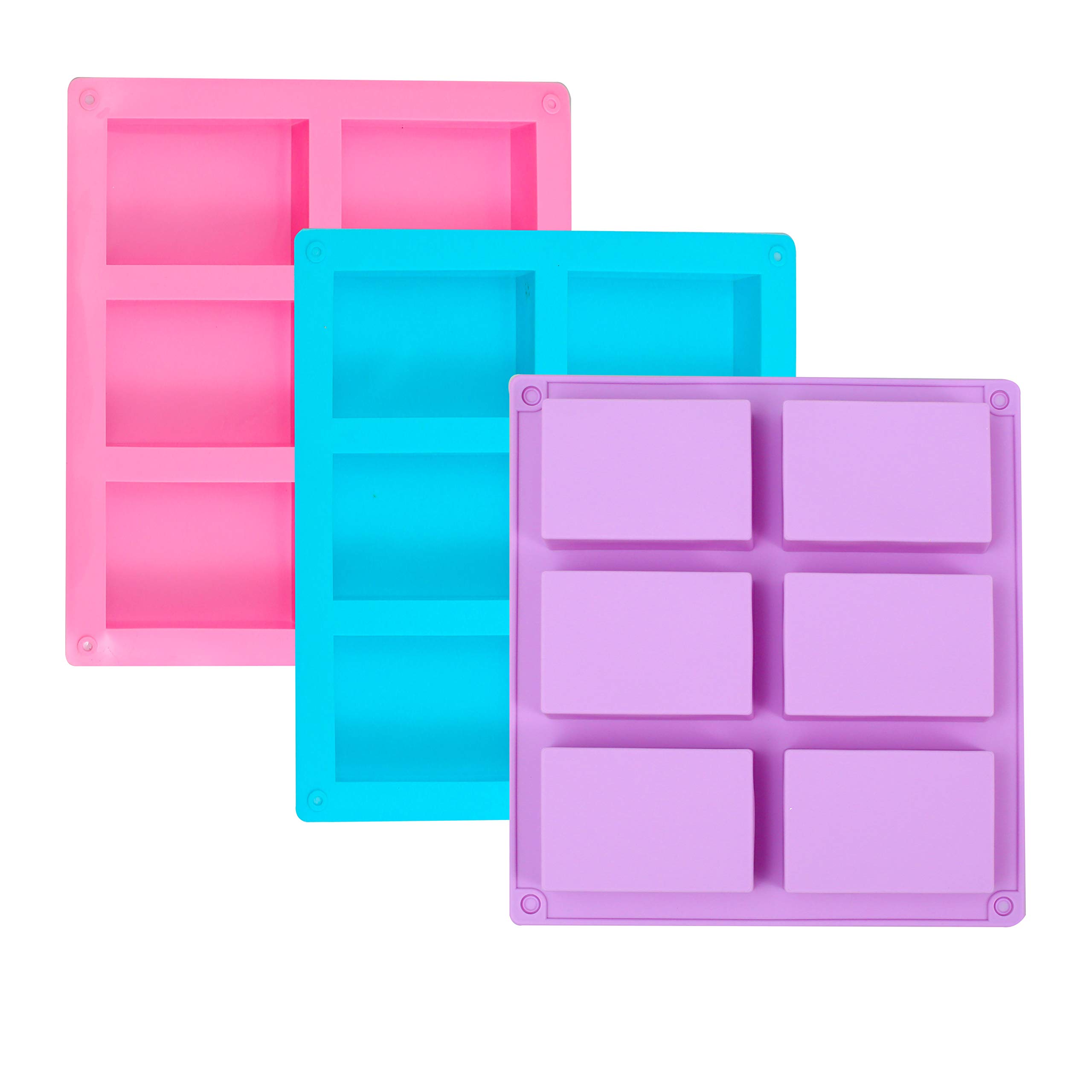 3 Pack Silicone Soap Molds, 6 Cavities Silicone Baking Molds (Blue & Pink & Purple), for DIY Handmade Soap Making, Muffin, Loaf, Cornbread, Chocolate and More