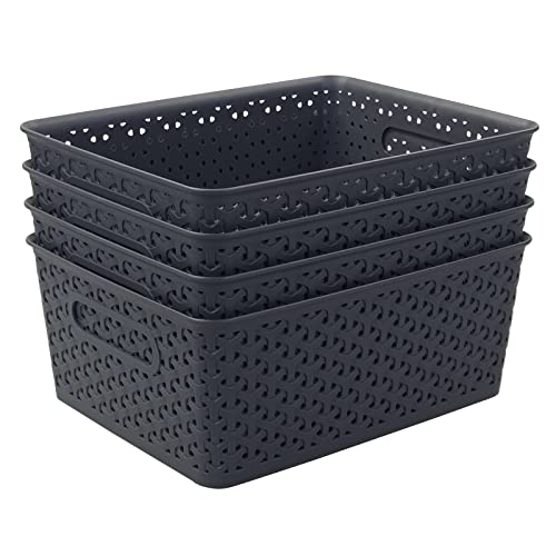 Readsky Plastic Woven Storage Basket with Handle, Gray, 4 Packs
