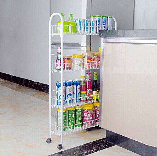 OKOKMALL US--Kitchen Storage Cart Slim Fridge Slide Tower Rack Shelf 4-Tiers with Wheels