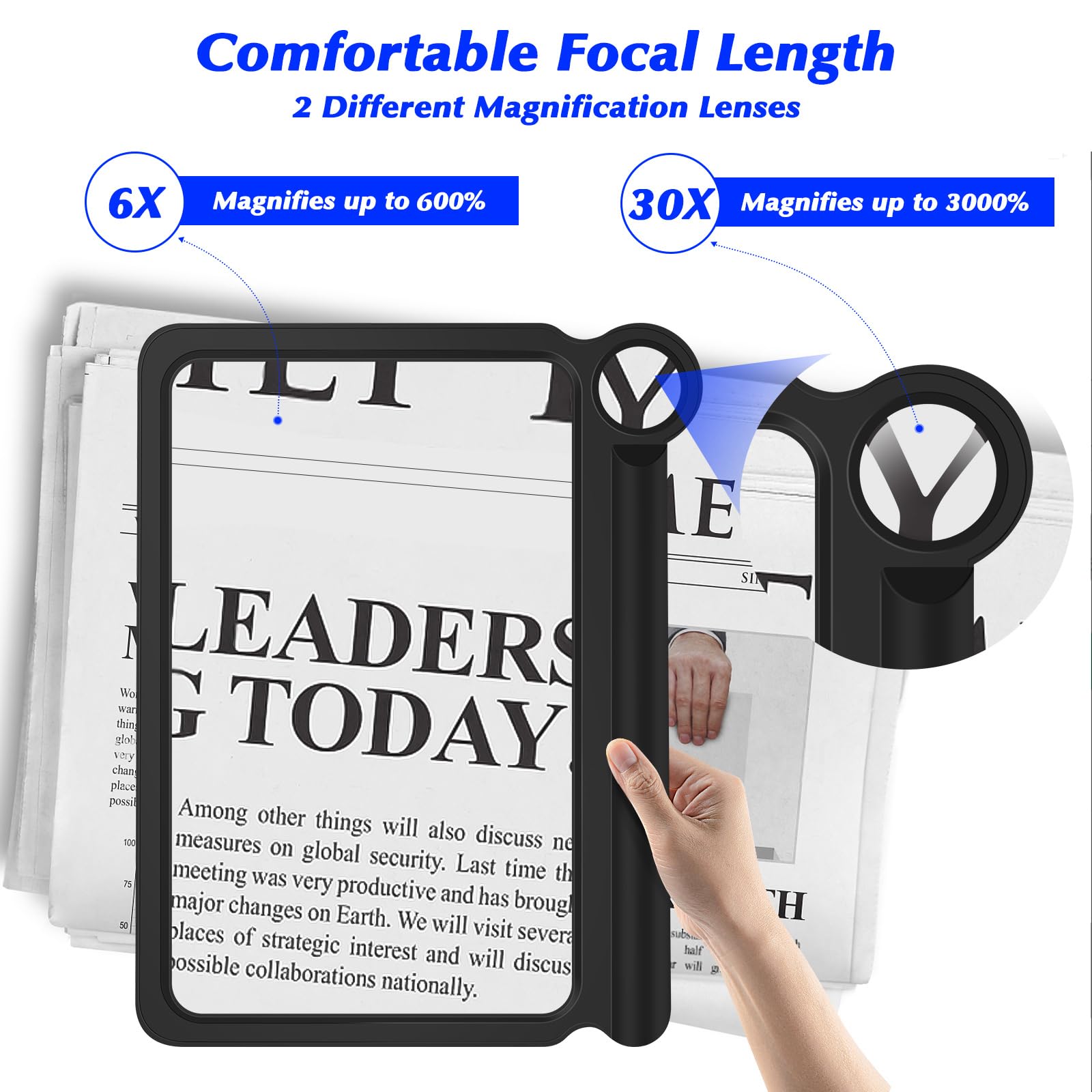 30X 5X Magnifying Glass for Reading, Large and Lightweight Magnifier Provide Full Book Page Viewing Area Perfect Handheld Magnifier for Reading Small Prints and Low Vision, Black
