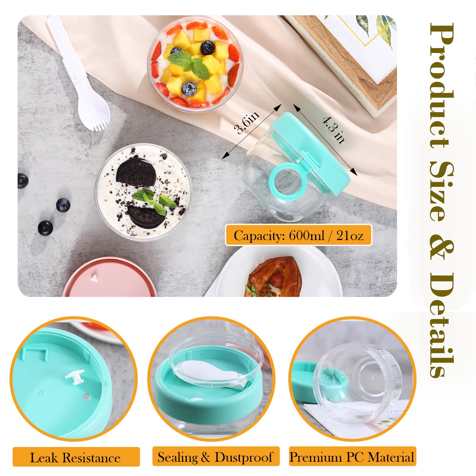 2PCS Overnight Oat Containers with Lids and Spoons, 20oz Portable Plastic Overnight Oats Jars, Leak-proof Breakfast On The Go Cups, Yogurt, Cereal, Milk, Salad Storage Container, Dishwasher Safe