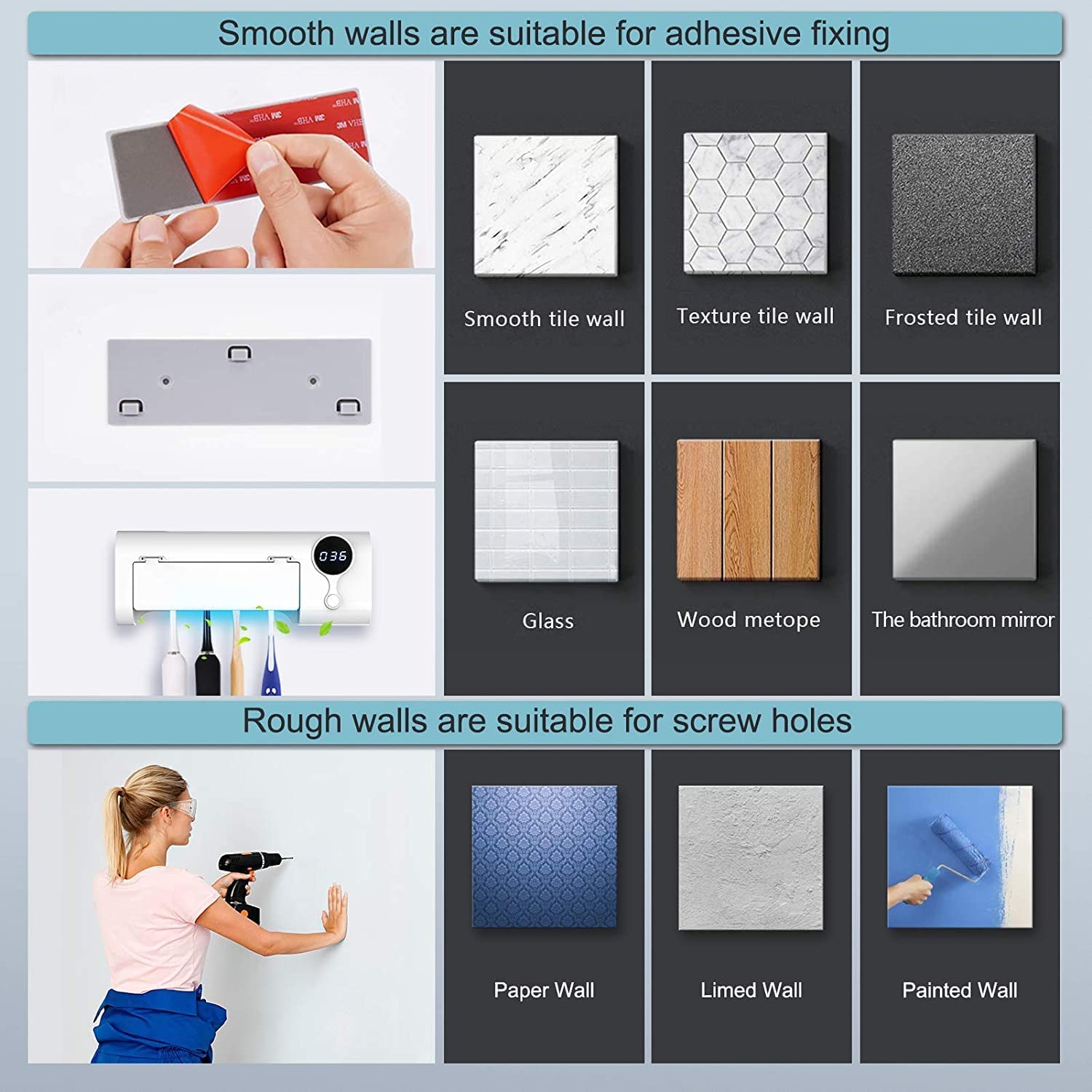 Toothbrush Cleaner with Blue Light, Toothbrush Holder Wall Mounted Without Drilling, Rechargeable Toothbrush Holder for Bathroom 2 Pack