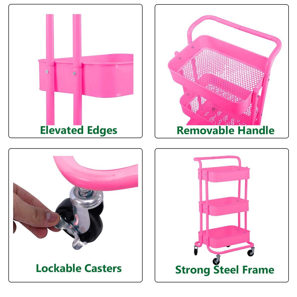 3-Tier Metal Mesh Rolling Cart Storage Organizer with Utility Handle and Wheels, Pink
