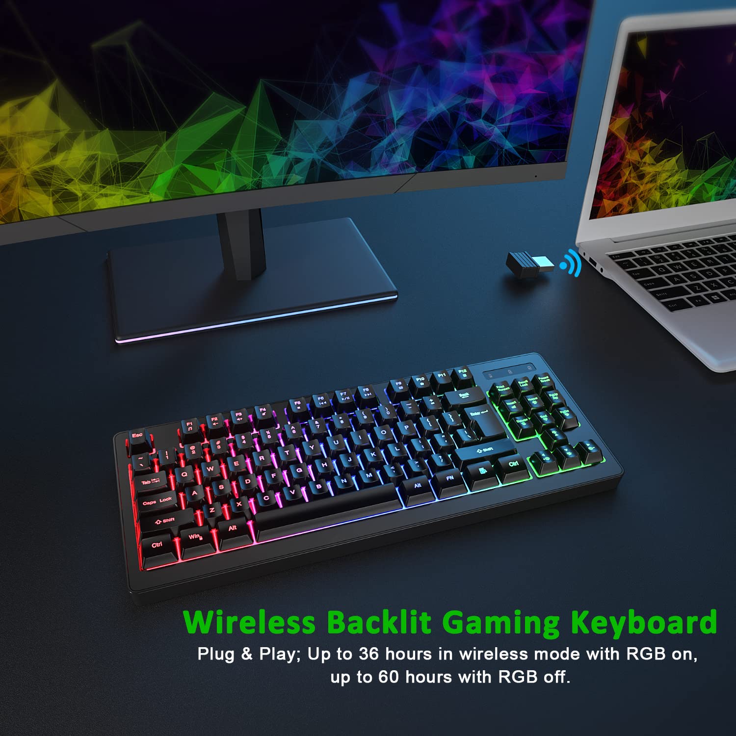 BlueFinger Wireless Gaming Keyboard, Rechargeable RGB Rainbow Backlit Gaming Keyboard, Compact 87 Keys Wireless Keyboard for Mac Laptop Computer PC Gamer