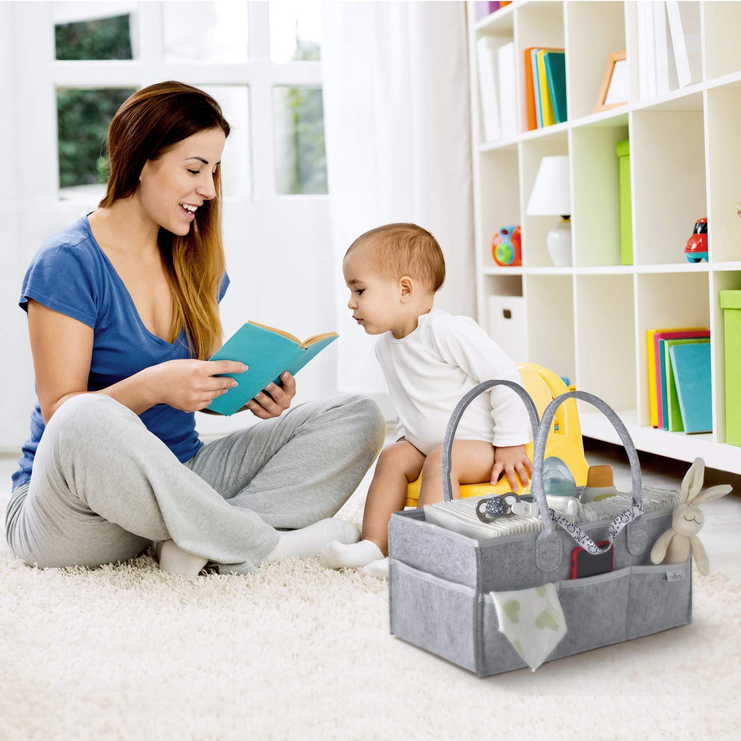 NEENY Baby Diaper Caddy Organizer β Portable Changing Table Storage Basket β Soft Felt Grey Nappy Bag Adjustable Compartments β Wipes Bottle Nursing Home & Car Travel β FREE Cotton Bib & Pacifier Clip