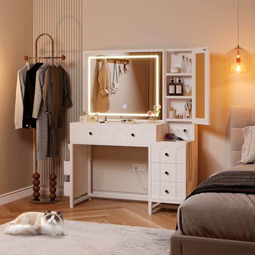 Breezestival Vanity Desk with LED Lights Mirror, White Makeup Vanity with Power Outlet & 5 Drawers, Dresser with Storage Shelves & Side Pocket for Bedroom, Dressing Room, 3 Adjustable Light Colors